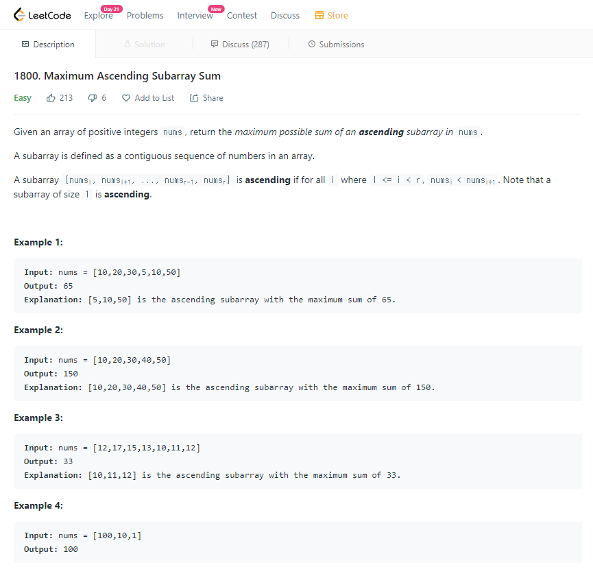  LeetCode Maximum Ascending Subarray Sum JavaScript